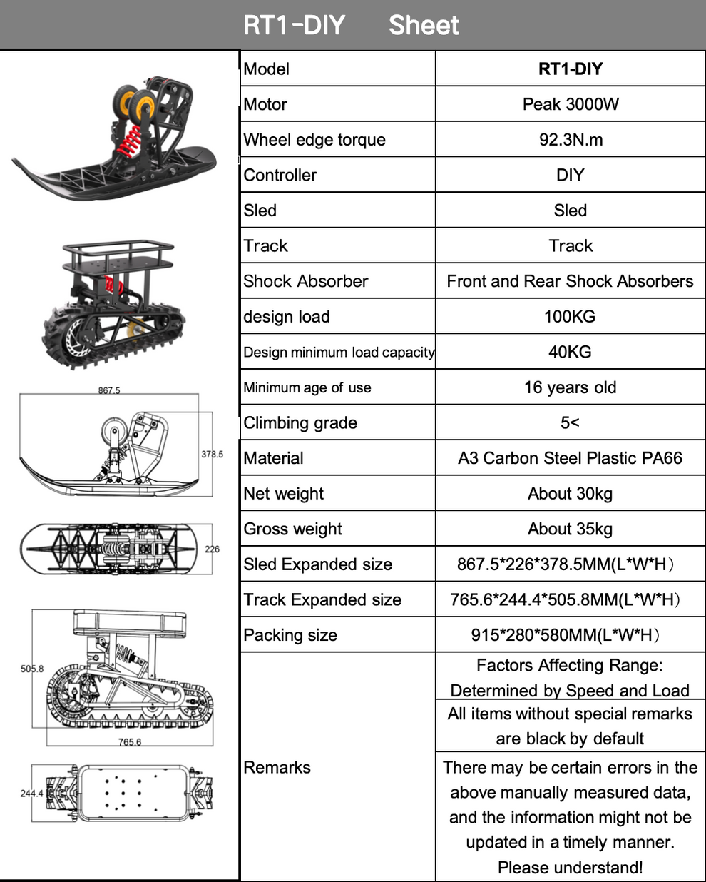 Snow track kit - 3000W Peak Motor, Adjustable Shock Absorbers & Riding ...